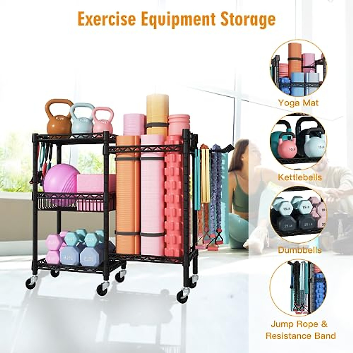 FUTASSI Home Gym Storage, Rolling Yoga Mat Storage and Organizer, Sports Equipment Storage Rack for Yoga Mats, Dumbbells, Kettlebells, Foam Rollers, Resistance Bands, 11.8"D x 36"W x 32.5"H, Black