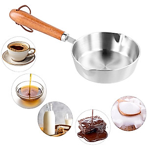 QWORK Butter Warmer Pot with Wooden Handle, Stainless Steel Milk Frothing Pitcher, 6.8oz Milk Warmer Pot Sauce Pan - Dual Pour Spouts, for Coffee, Latte Art, Melting Chocolate, Heating, and Cooking