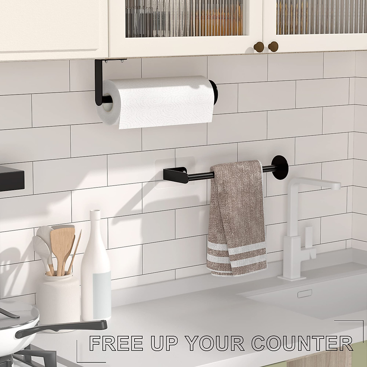 SUEH DESIGN Paper Towel Holder, Under Cabinet Paper Towel Holder Self Adhesive or Drilling Paper Towel Rack Wall Mounted Paper Towel Holder for Kitchen Bathroom