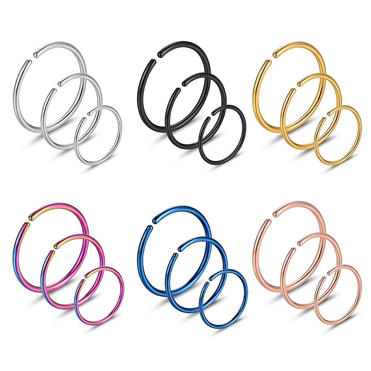 Xanowan Stainless Steel Hoop Nose Ring Cartilage Ring Set 6 Color Set for Men and Women