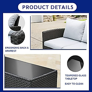 Green4ever Wicker Patio Furniture Set,4 Pieces Outdoor Conversation Set with Tempered Glass Coffee Table and Thick Cushion, Rattan Couch Sofa Armchair Seat for Garden Backyard, Grey