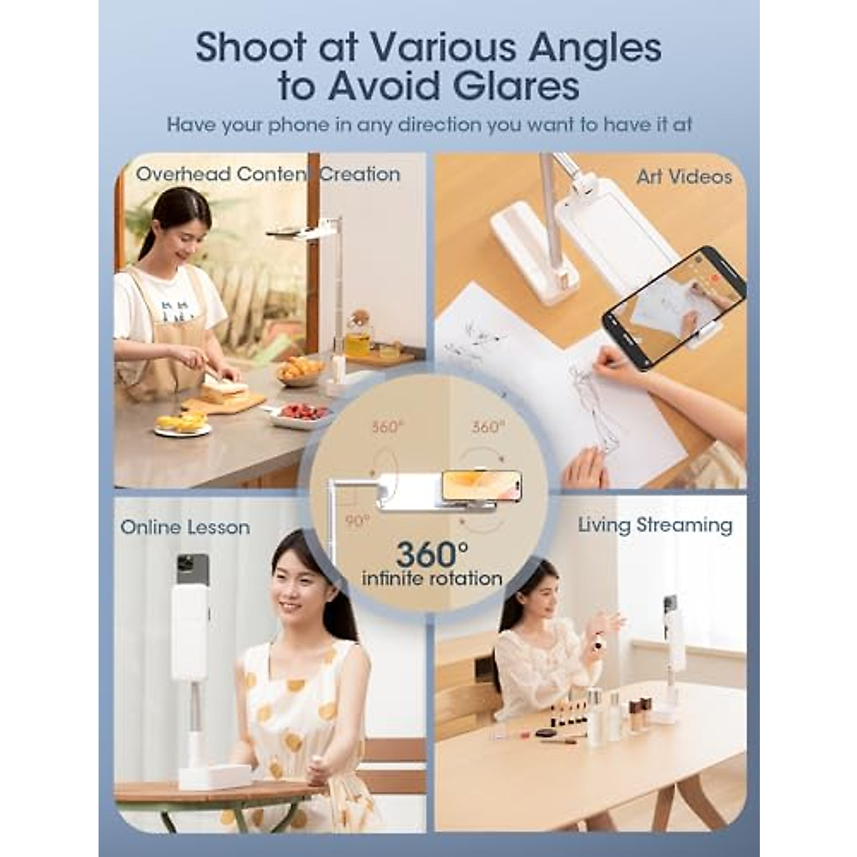 2024 Newest Overhead Phone Stand for Recording, [Enhance brightness&Ultra-Stable]Fully Foldable Mobile Phone Holder,Cover all-around viewing angles Phone Stand for live streaming,Cooking,Vlogging Kit