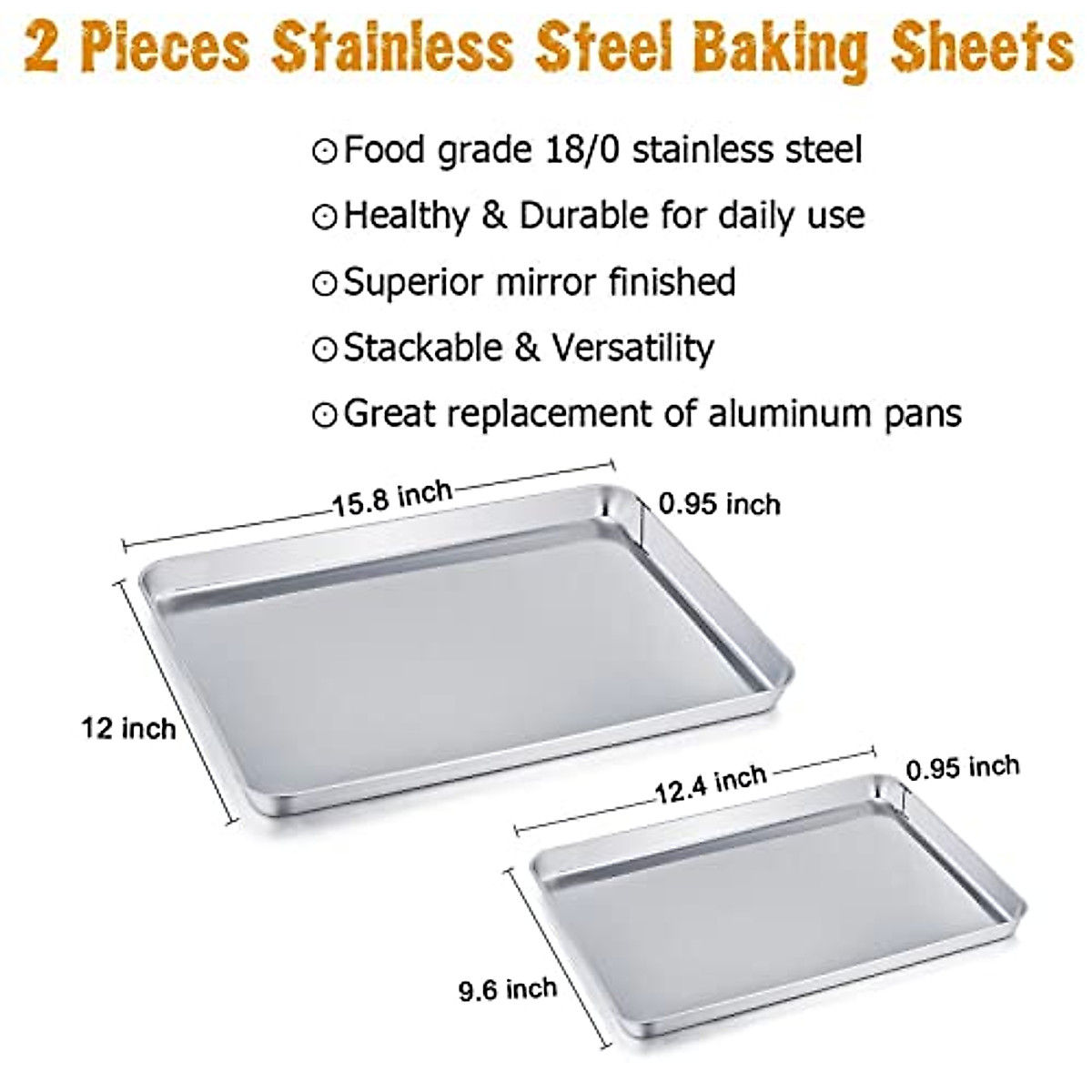 TeamFar Baking Sheet Cookie Sheet Set of 2, Pure Stainless Steel Baking Pan Tray Professional, Non Toxic & Healthy, Mirror Finish & Rust Free, Easy Clean & Dishwasher Safe