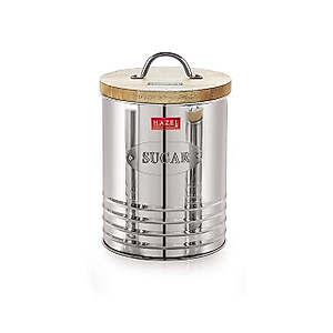 HAZEL Stainless Steel Sugar Storage Jar Container With Wood Lid, 2250 ML, Silver
