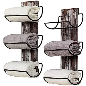 MyGift Wall Mounted 3 Tiered Matte Black Metal Wire Towel Holder for Rolled Towels with Torched Wood Mount Backing, Decorative Hand and Bath Towel Storage Rack, Set of 2