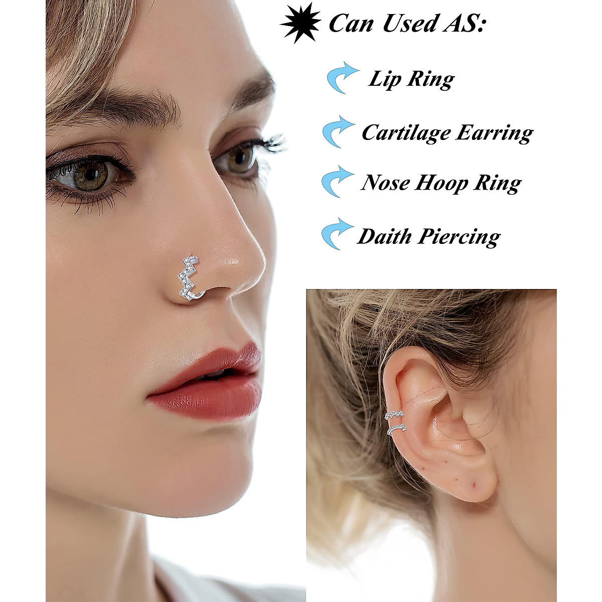 Tornito 10Pcs Nose Ring Hoop Paved Flower Leaf Feather CZ Cartilage Earrings Nose Piercing Jewelry for Women Men Silver Gold Rose Gold Tone 20G (H: Silver Tone)