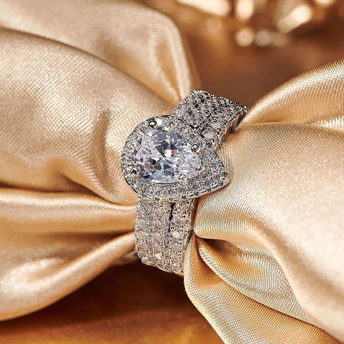 SweetJew Bridal Ring Sets For Women 3Ct 5A Cubic Zirconia Wedding Rings Teardrop Pear Cut Halo Size 8.5