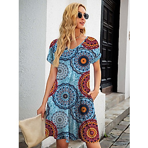 WEACZZY Women's Summer Short Sleeve Casual Dresses Swing Cover Up Loose Sundress with Pockets (Floral Mix Blue,Medium)