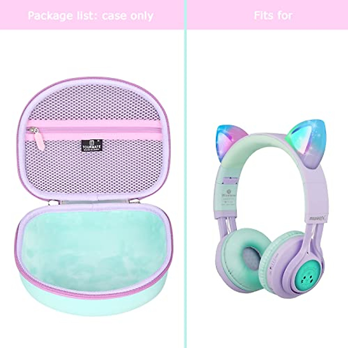 Tourmate Hard Travel Case for Riwbox CT-7 / CT-7S Cat Ear LED Light Kids Wireless Headphones, Protective Carrying Storage Bag (Purple&Green)