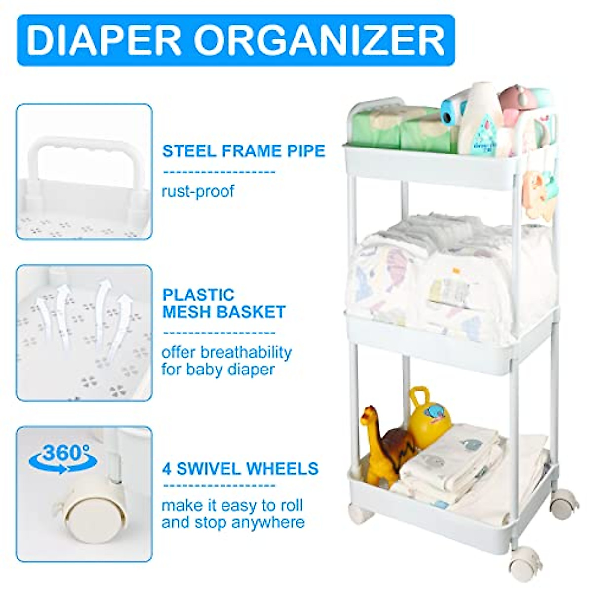 Volnamal Baby Diaper Cart, Plastic Baby Diaper Caddy Baby Organizer for Nursery Diaper Cart with Wheels Baby Essentials Storage Cart, White