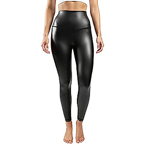 90 Degree By Reflex High Waist High Shine Faux Leather Fleece Lined Super High Waist Elastic Free Ankle Leggings - Black - Small