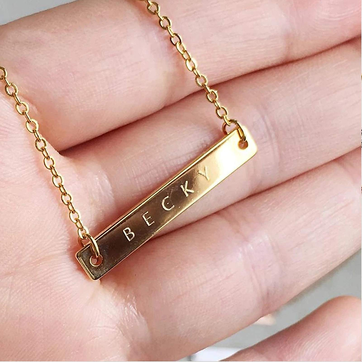 MRENITE 10k 14k 18k Solid Yellow Gold Personalized Horizontal Bar Necklace – Engravable Blessings Letters Nameplate Bar Pendant - Custom Any Name Gift for Women (Slim Bar)