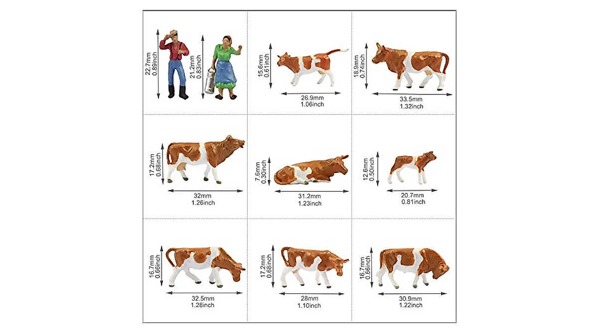 HO Scale Farm Animals Figure Set - Model Cows & Figures 36PCS