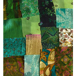 40 Qty 10"X10" Lot 100% Pure Silk Print Vintage Sari Fabric Remnants, Scrap Bundle, Precut Fabric Squares for Craft Patchwork (Green-Aqua-Teal Shades)