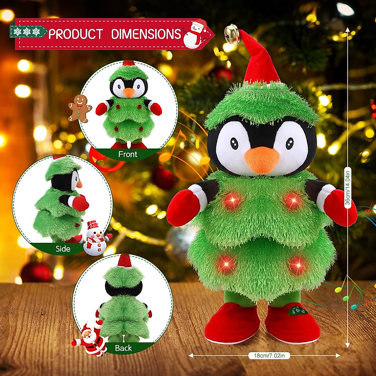 ACETOP LED Musical Christmas Tree Penguin Stuffed Animal Repeats What You Say Light up Soft Plush Toy Singing Dancing Talking Record Mimicking Twisting Interactive Animated Dolls Decoration Xmas Gifts