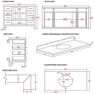 DKB Beckford Bathroom Vanity 49" White with 1.5" Edge Pure White Quartz Countertop & Backsplash, Center Oval Sink, 2 Soft Closing Doors, 9 Full Extension Dovetail Drawers, Brushed Nickel