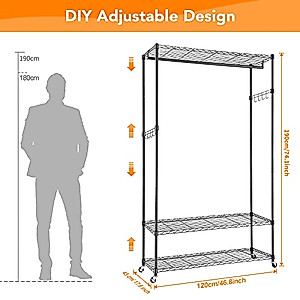Modrine Clothing Rolling Rack, 3 Tiers Heavy Duty Garment Rack, with Lockable Wheels, 2 Side Hooks and 1 Clothes Rod (Black)