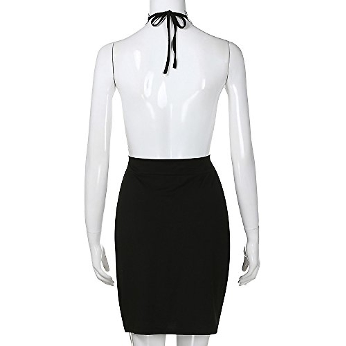 Women's Sexy Deep V Neck Backless Bodycon Dress Halter Neck High Slit Lace Up Mini Night Club Dress (Black, M)