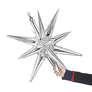 5 Pack 12 Point Foil Cone Balloons Starburst Cone Mylar Balloons Large Explosion Star Balloon for Wedding Birthday Party Photo Booth Decoration Supplies, Silver
