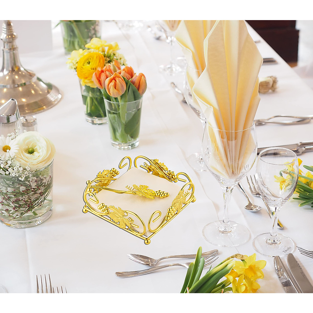 Flat Napkin Holder for Table Gold With Weight Arm for Kitchen Courtertops Dinning Table Grape Leaf Modern Tissue Dispenser Stainless Steel Gilding (7" L X 7" W X 2.5" H)