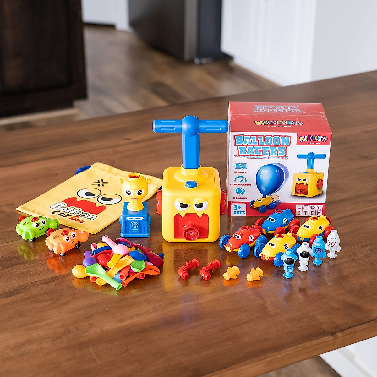 KIDDEO Balloon Launcher Toy Set. 71pcs - Monster Face Pump, 50 Balloons, Rocket Launcher Pad, 12 STEM Toys, incl 4 Balloon Powered Car Toys, 2 Spaceship Toy, 2 Astronaut Figure and More. For Kids 3+