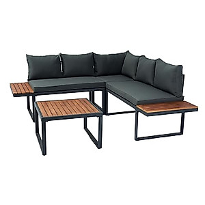 CABSETT 4 Piece Outdoor Furniture Set, L-Shaped Patio Wicker Sectional Sofa Seating Group Conversation Sets Built-in Side Tables and Cushions Suit for Gathering, Rustproof & Weatherproof, Dark Gray