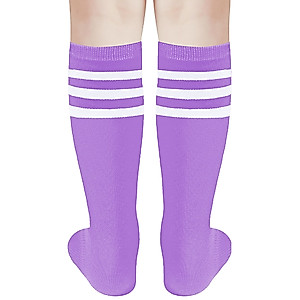 DOOVID Kids Soccer Socks Three Stripes Knee High Tube Socks Cotton Sports Socks Uniform Stocking for Toddler Boys Girls Purple White