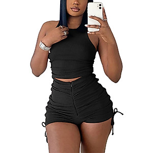 Annystore Women's Sexy 2 Piece Outfits Sleeveless Solid Color Crop Tank Tops Ruched Biker Shorts Set Workout Tracksuits Black XL