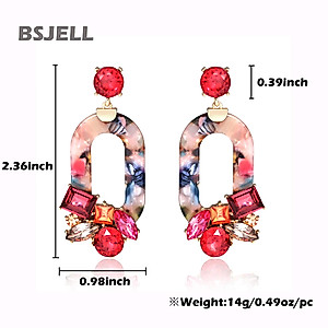 BSJELL Resin Acetate Dangle Earrings Large Statement Acrylic Textured Mottled Earrings Bohemian Crystal Multicolor Oval Drop Earrings Fashion Jewelry for women