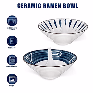 CYSNATU Japanese Ramen Bowl, Ceramic Ramen Bowls Set of 2, 34oz Large Ramen Bowl Noodle, Ramen Bowl with Chopsticks and Spoon(Blue and White)