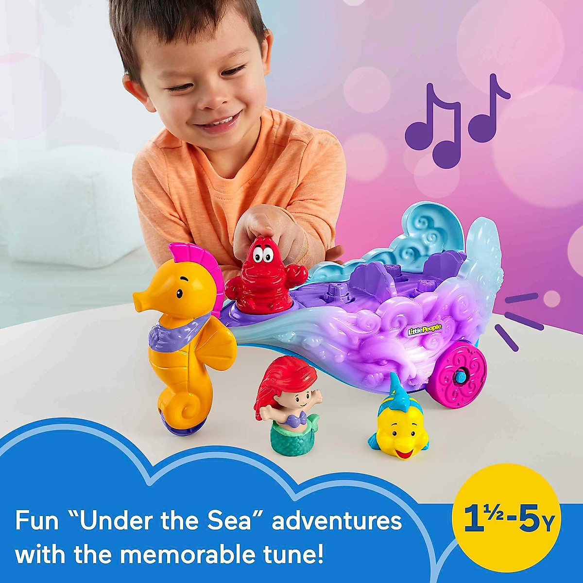 Fisher-Price Little People Toddler Toy Disney Princess Ariel's Light-Up Sea Carriage Musical Vehicle for Pretend Play Ages 18+ Months​