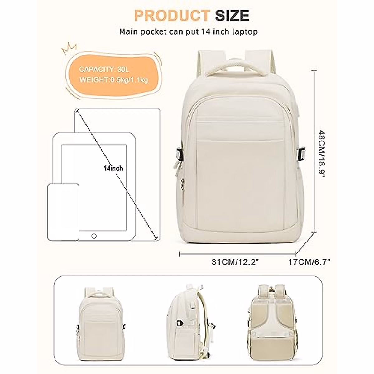 Travel Laptop Carry on Backpack for Women Men, Airline Flight Approved Waterproof 14 Inch Laptop Backpack, Casual Daypack College Personal item Bag Rucksack with USB Charging Port for Business, Beige