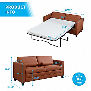 Horgaeo Full Size Pull Out Sofa Bed, 2-in-1 Sleeper Sofa with Cat Scratch Resistant Leather Fabric, Modern Loveseat Couch Bed with Fold Out Mattress for Living Room/Guestroom(Cognac Tan)