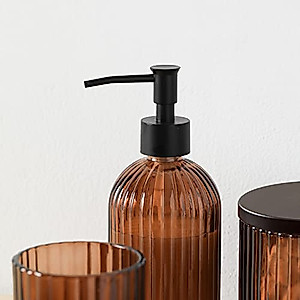 4PCs Heavy Weight Decent Glass Bathroom Accessories Set with Decorative Pressed Pattern - Includes Hand Soap Dispenser & Tumbler & Soap Dish & Toothbrush Holder (Brown)