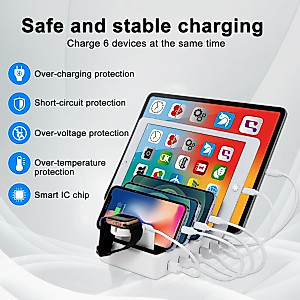 ZWTNBFST USB Charging Station 6 Ports with 6 Charging Cables 50W Fast Charging Station Desk Organizer for Multiple Devices,Compatible with Cellphone,Tablet, Kindle, Apple Watch and Other Electronic