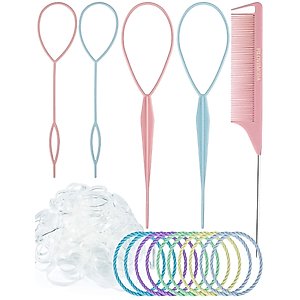 FILOVEMODA Hair Styling Kit: Tail Braiding Tool, 4 French Braid Loops, 100 Clear Mini Elastics, 10 Elastic Hair Ties