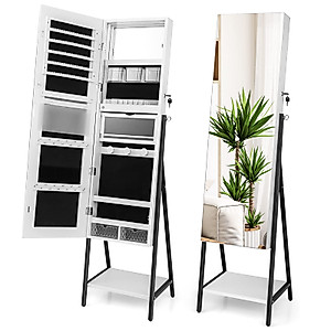 CHARMAID LED Strip Jewelry Armoire with 47.2" H Full Length Mirror, Lockable Jewelry Cabinet Organizer with 3-Color Lights, 3 Brush Boxes, 2 Drawers, Bottom Storage Shelf, Metal Frame (White)