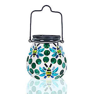 Afirst Mosaic Outdoor Lanterns - Glass Solar Hanging Lights Bee Hollow Out Waterproof Outdoor Decorative for Garden, Patio, Holiday Party Outdoor Decoration