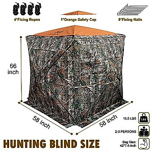 Hunthor Hunting Blind, 270° See Through Hunting Ground Blinds with Silent Zipper and Orange Blind Cap, Portable 2-3 Person Pop Up Hunting Tent for Deer and Turkey Hunting with Carry Bag