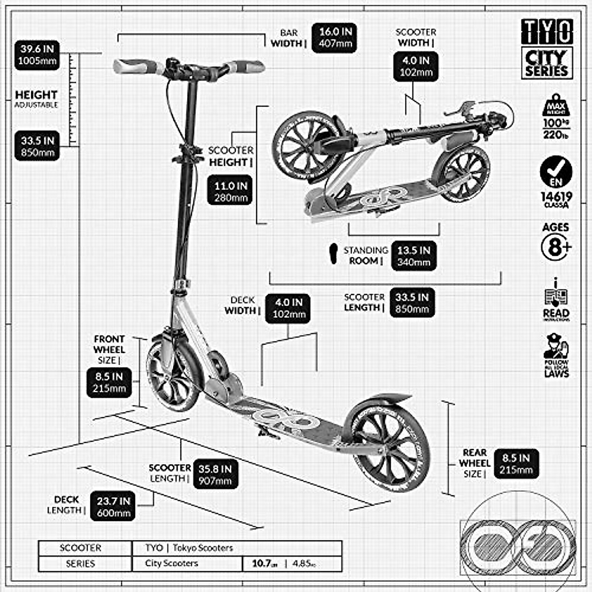 Crazy Skates Tokyo Foldable Kick Scooter (TYO) - Features Adjustable Height Handlebars, handbrake and Aluminum Deck City Series