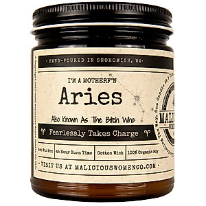 Malicious Women Candle Co - Aries The Zodiac Bitch - Fearlessly Takes Charge, A Hot Mess (Red Hot Cinnamon), All-Natural Organic Soy Candle, 9 oz