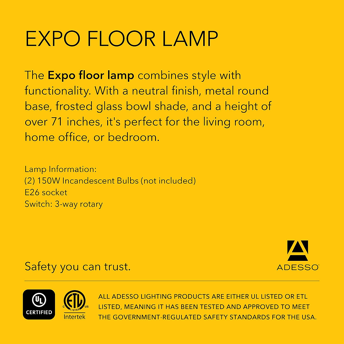 Adesso 5023-22 Expo 300W Torchiere, 71.5 in, 2 x 150W Incandescent/LED, Brushed Steel/Chrome Finish, 1 Floor Lamp