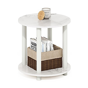 Furinno Turn-N-Tube 2-Tier Round Wooden End Table, Marble White