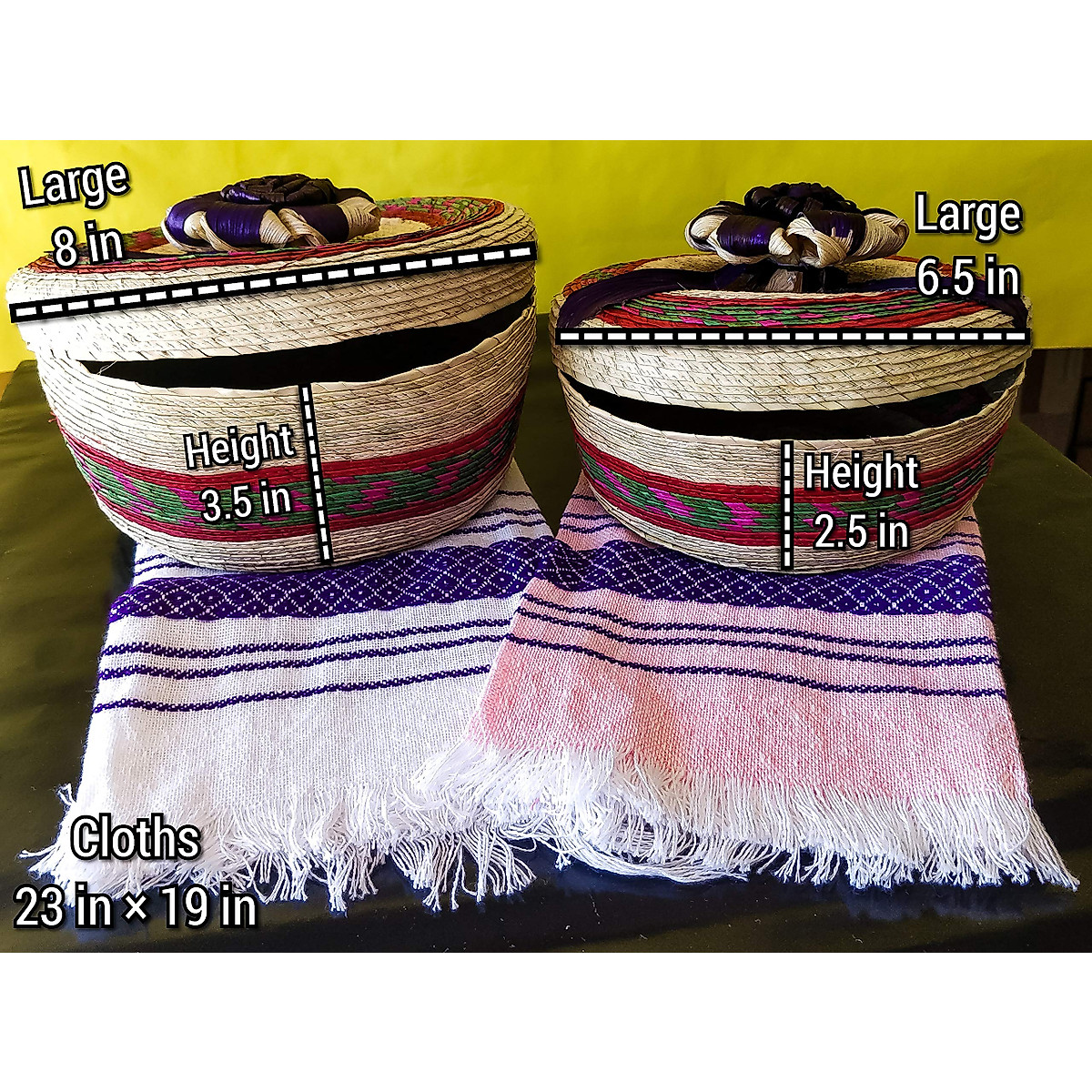 Handwoven Basket & Tortilla Cloths by Jacq & Jürgen - 2 Pack Natural Medium and Large Floral Bundle – 100% Palm Mexican Art