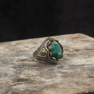 Emerald Stone Men Silver Ring, 925 Sterling Silver Emerald Gemstone Ring, Handmade Engraved Turkish Silver Ring with Natural Emerald Stone gifts for men handmade rings valentines day gifts for him