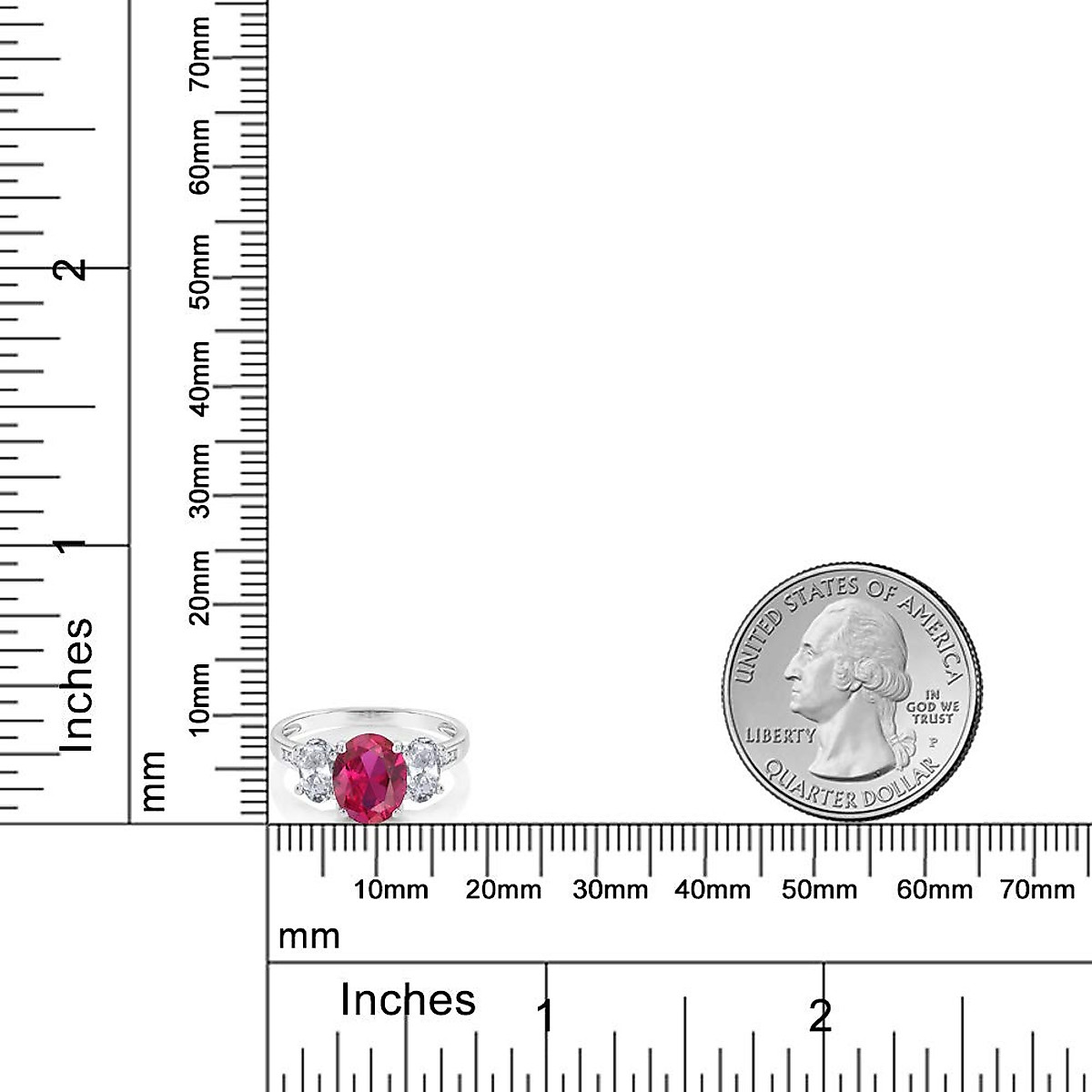 Gem Stone King 10K White Gold Red Created Ruby White Topaz and White Diamond Oval 3-Stone Engagement Ring For Women (2.15 Cttw, Gemstone July Birthstone, Available In Size 5, 6, 7, 8, 9)