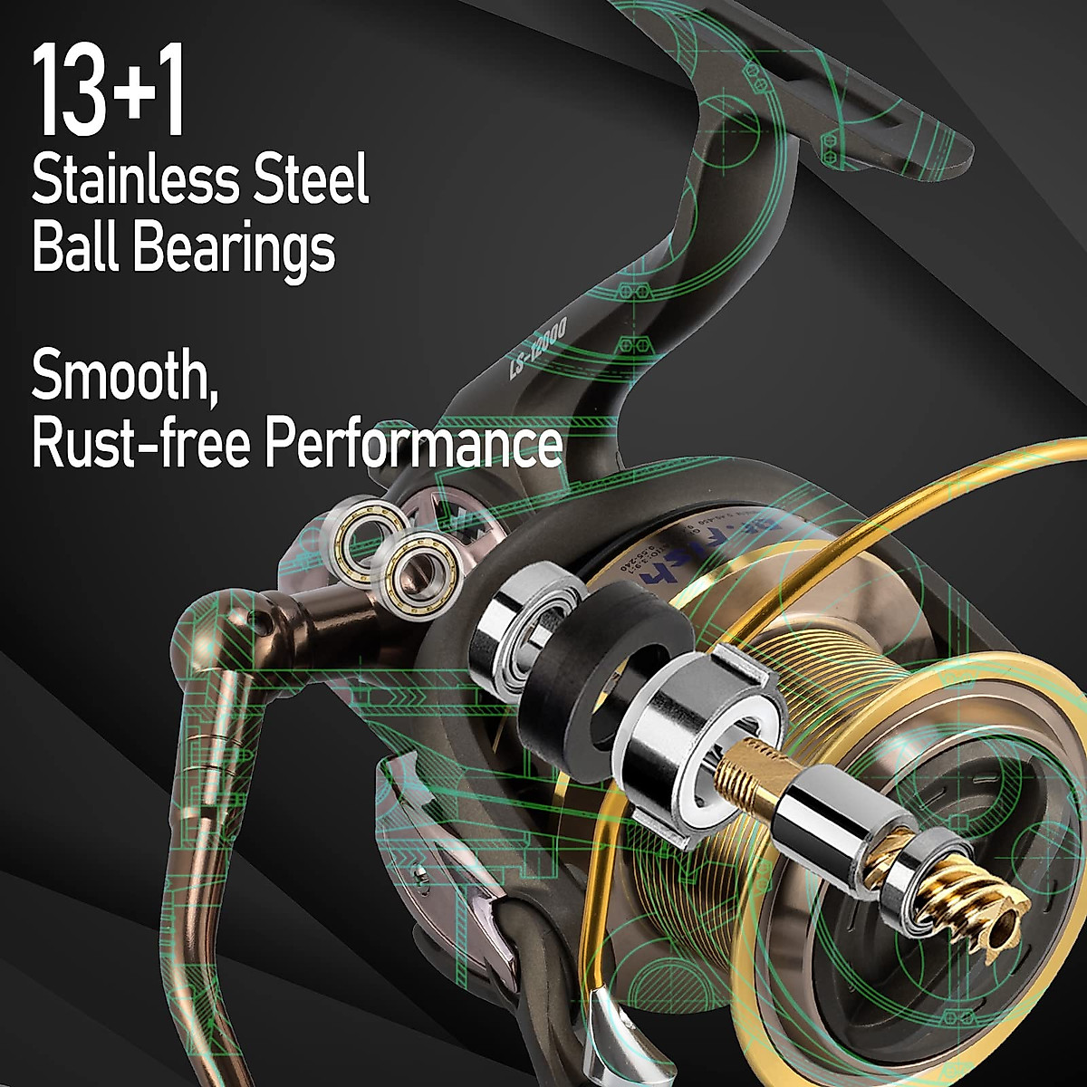 Dr.Fish Long Shot 12000 Spinning Reel, Saltwater Fishing Reel for Surf Fishing, 13+1 BBS, 48LB Max Drag, Ultra High Capacity, Heavy Duty Surf Casting Offshore Trolling Reel Catfish Reel