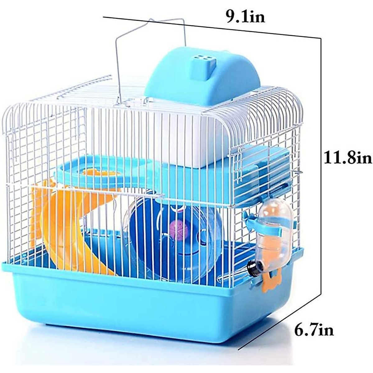 Zhang Ku 2-Tier Portable Travel Cage for Small Animals, Dwarf Hamster Travel Carrier with Carry Handle Exercise Wheel Water Bottle and Food Dish, 6.7 x 11.8 x 9.1 Inch (Blue) (SSS441)