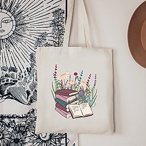 Haukea Book Cute Canvas Tote Bag with Inner Pockets Aesthetic Flower Tote Bags Graphic Reusable Tote Bag for Women Teacher Mother Gifts Tote