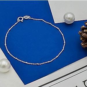 SEA OF ICE Sterling Silver 1mm Diamond-Cut Bead Station Rolo Chain Bracelet for Women, Size 7.25"